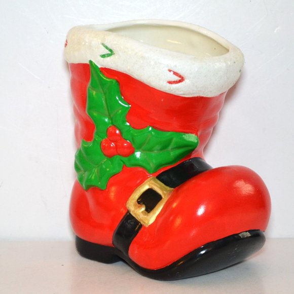 Holiday | Vintage Ceramic Santa Red Boot With Holly Planter Candy Cane ...